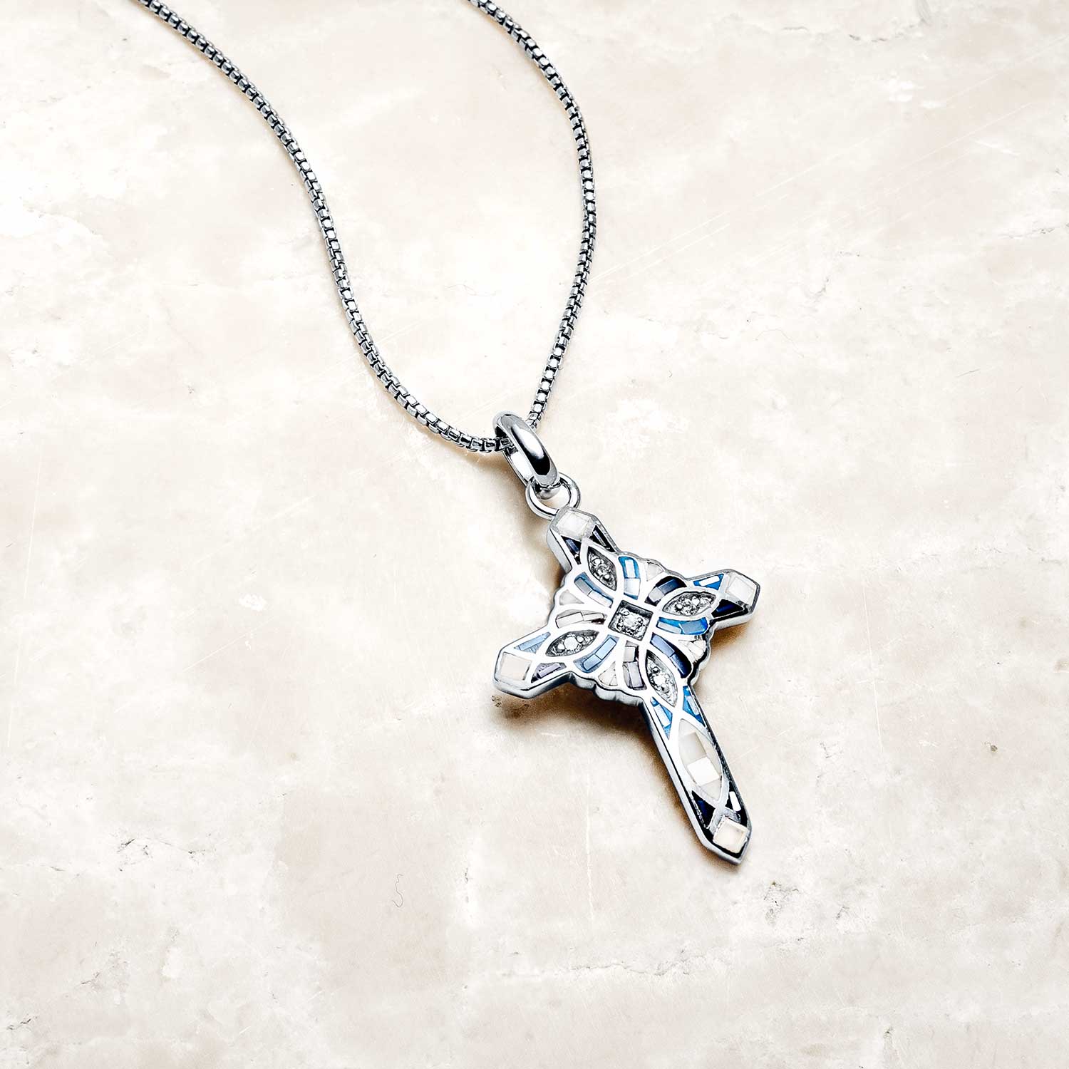 Mosaic Shell Capri Cross Small Necklace in Sterling Silver