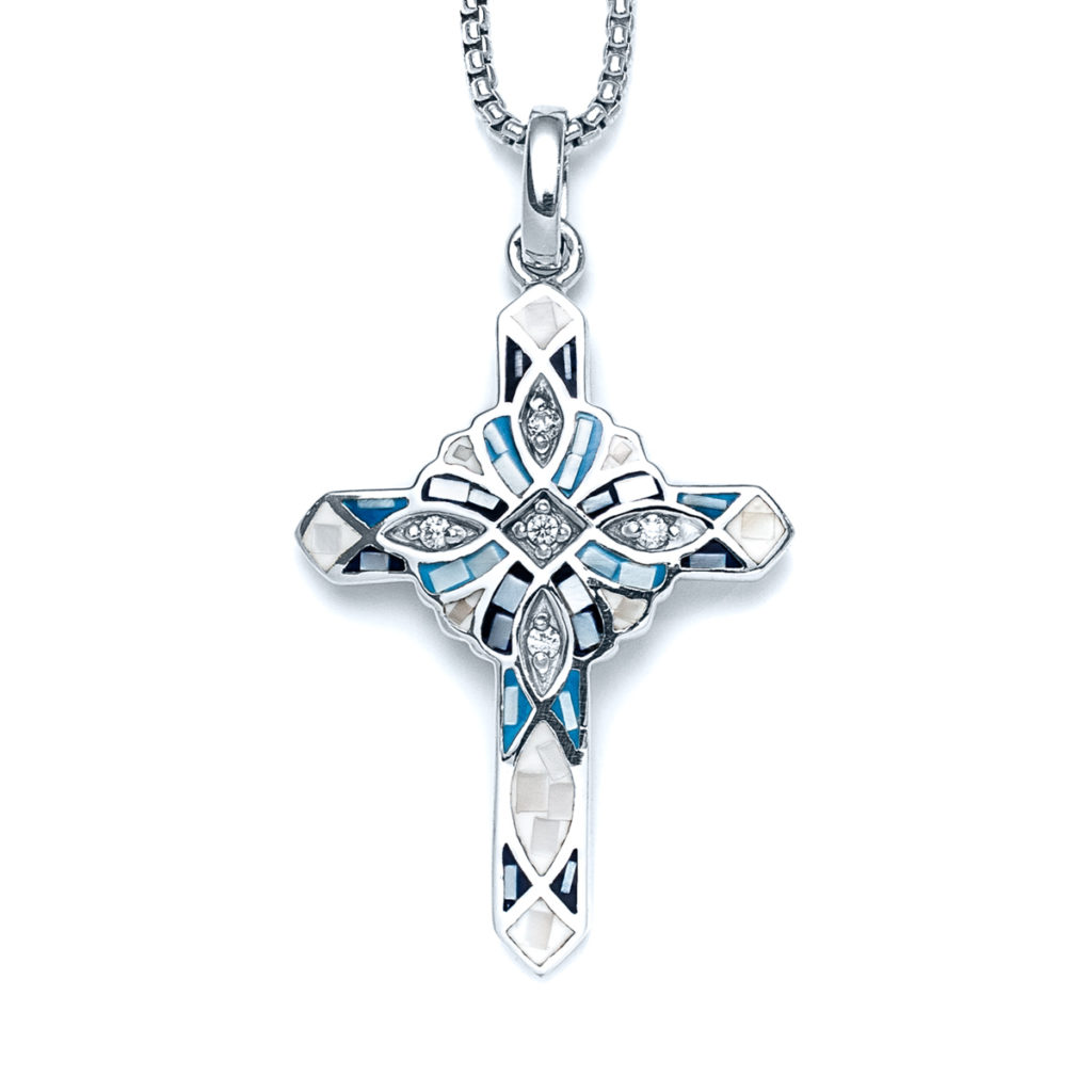 Mosaic Shell Capri Cross Small Necklace in Sterling Silver