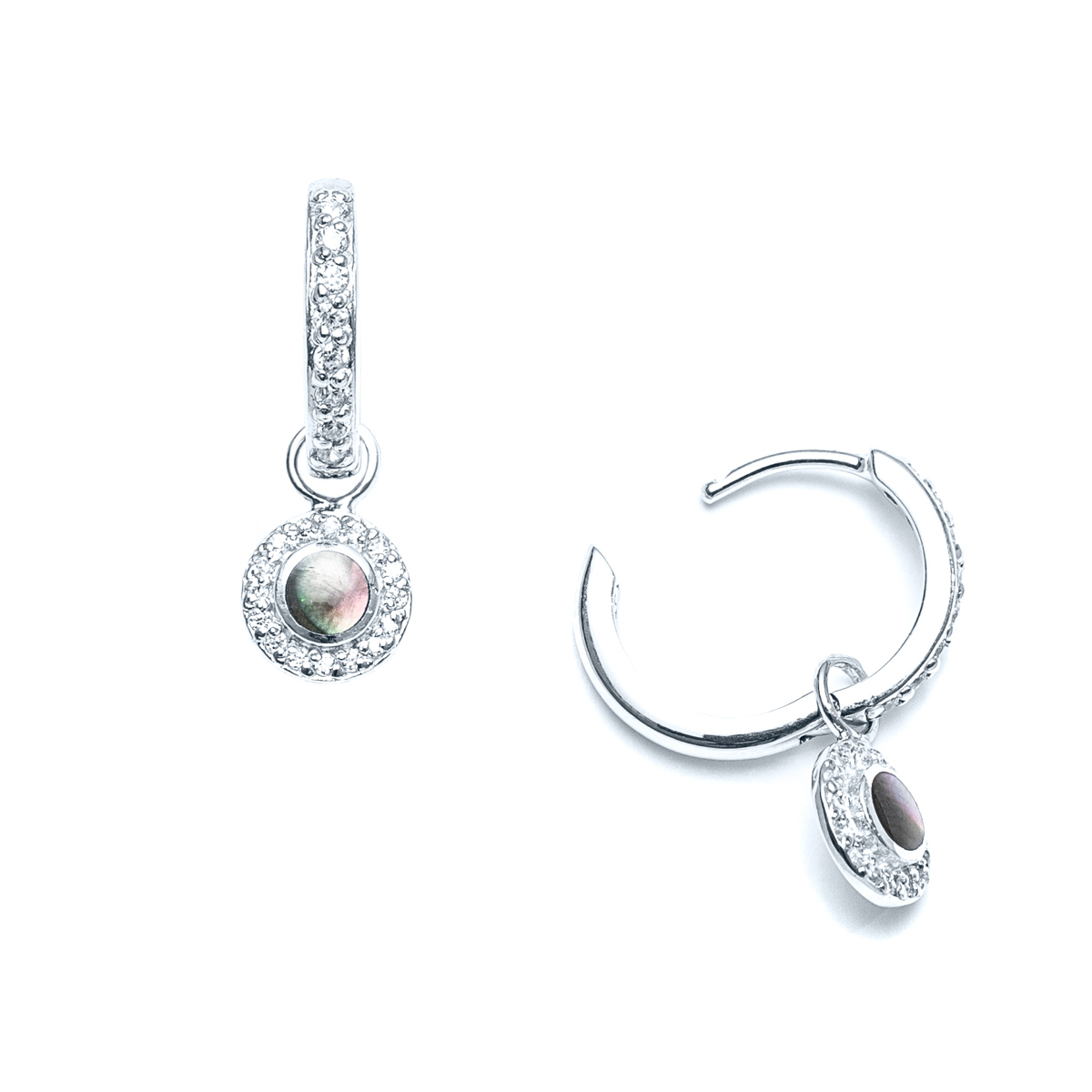 Pave Hoop Earrings with Dark Mother of Pearl Charm in Sterling Silver
