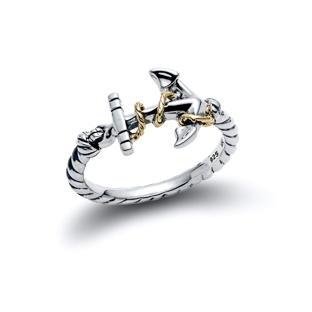 Two Tone Fish Hook Ring in Sterling Silver with 14k Gold Detail
